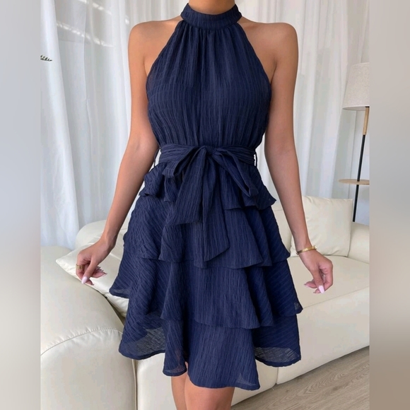 Dresses | New Chic Textured Layered Ruffle Halter Dress Navy Blue ...